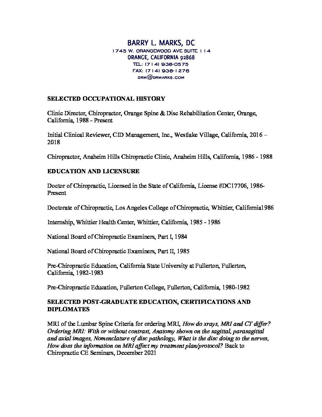 CV Dr Barry Marks 2021 | Chiropractor Orange CA